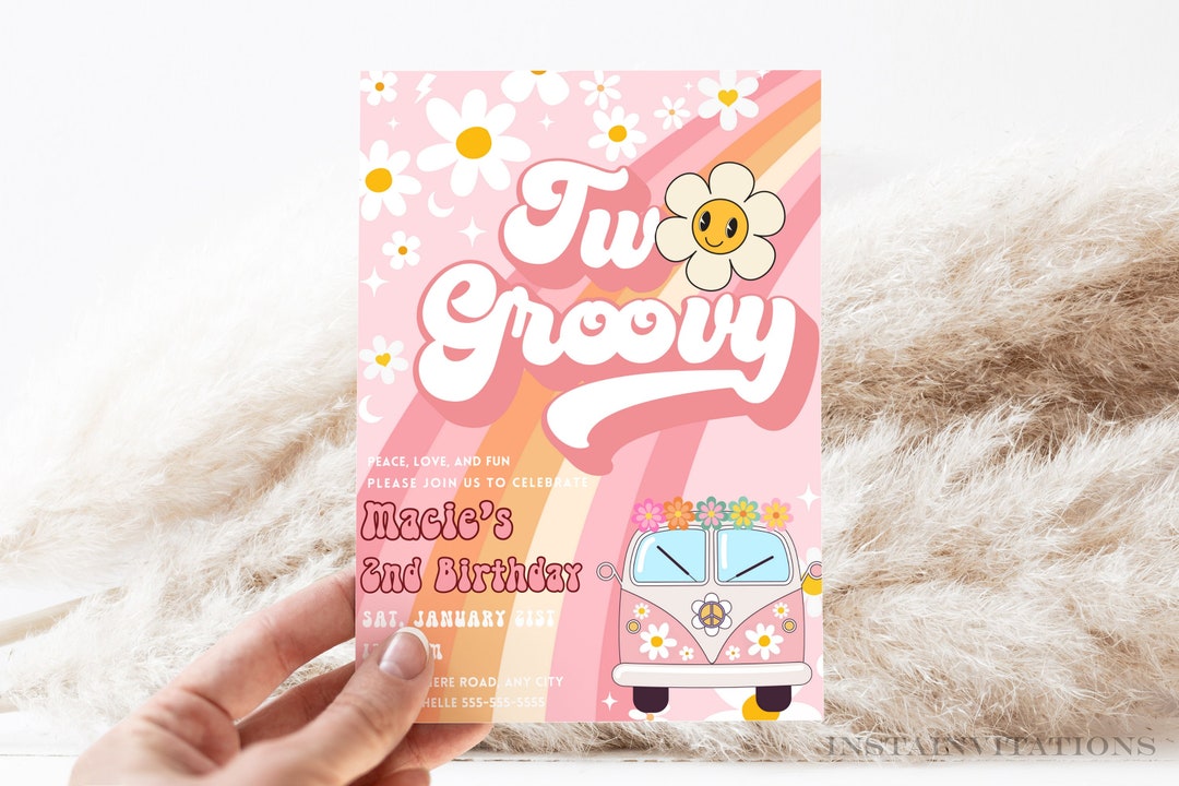 Editable Two Groovy Rainbow Groovy Invite 2nd Birthday Invite Pink ...