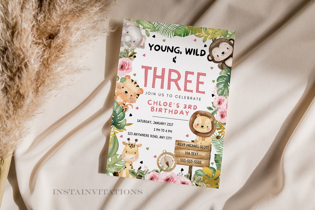 Editable Young Wild and Three Invitation Safari Animal Birthday Jungle ...