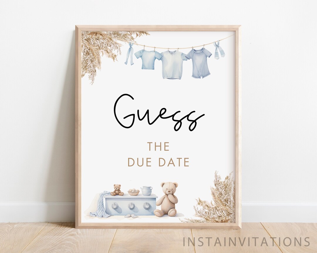 Guess the Due Date Sign & Card, Teddy Bear Blue Boy Baby Shower, Baby ...