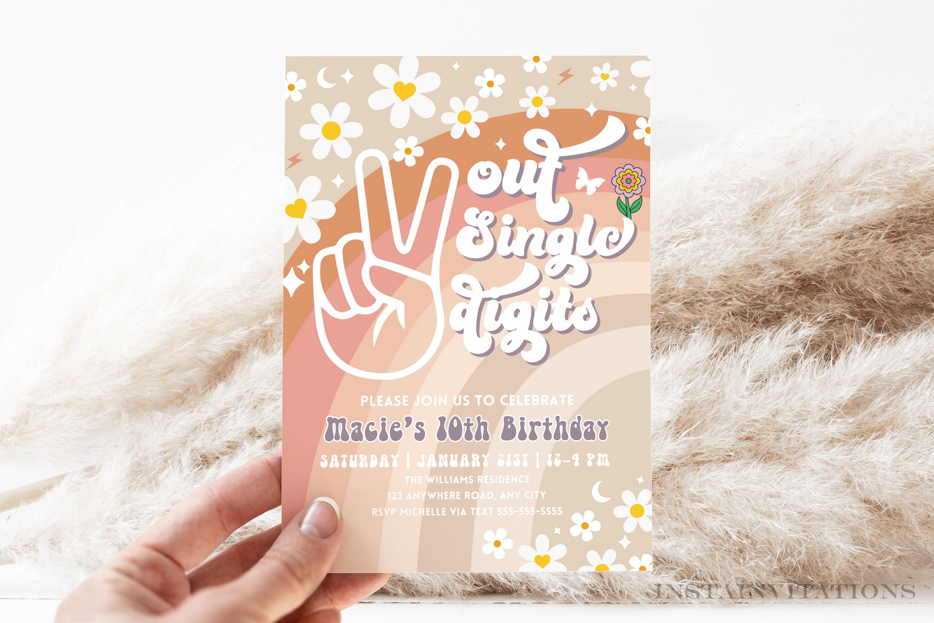 Editable Rainbow Peace Out Single Digits Groovy Birthday - Etsy