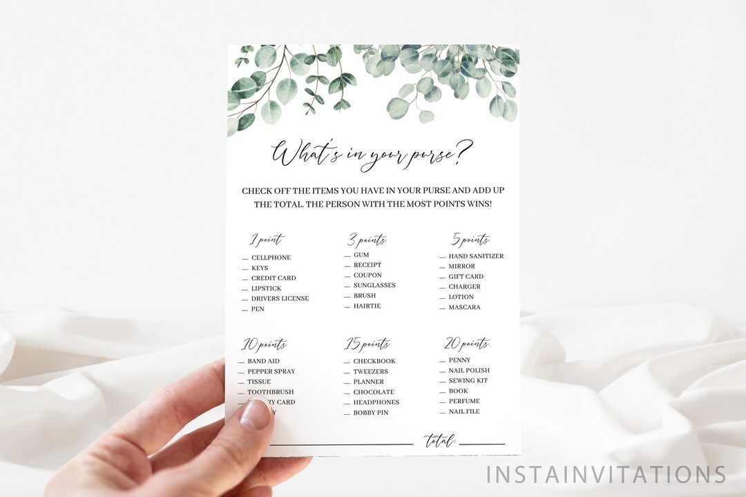 What's in Your Purse Baby Shower Game, Oh Baby Eucalyptus Green Baby ...