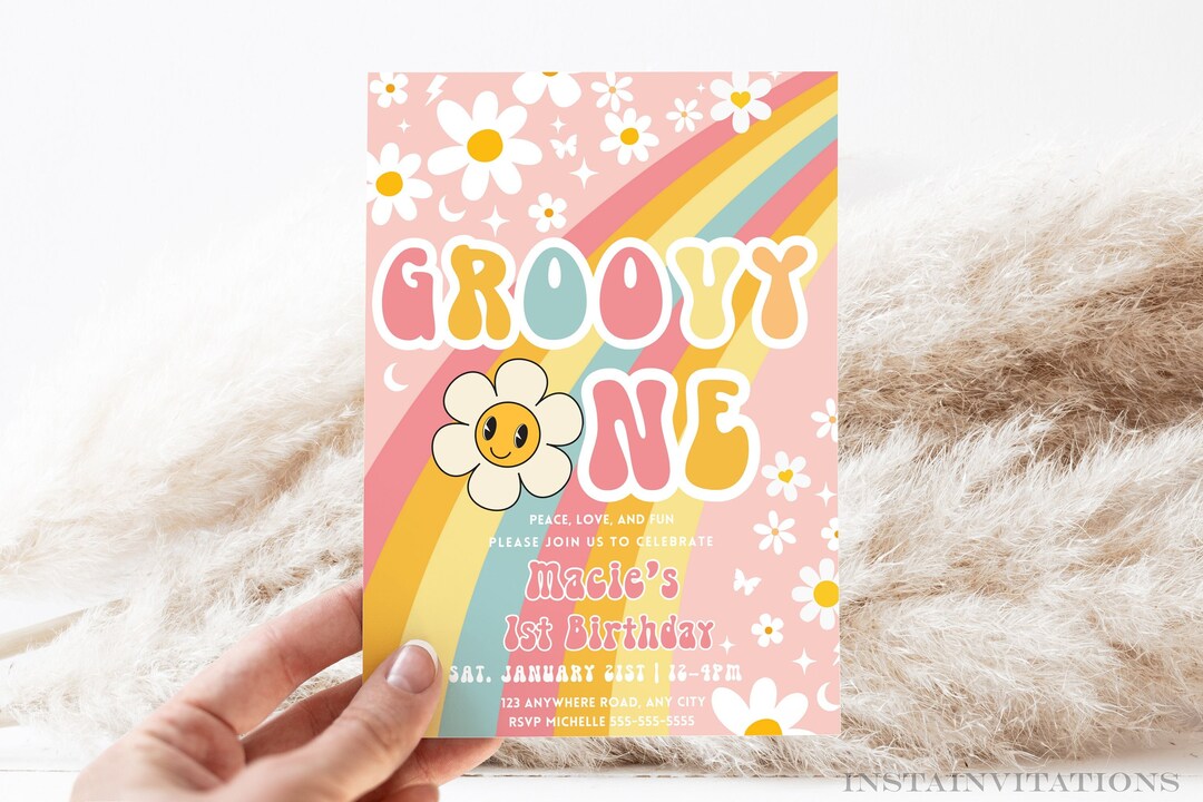 Editable Groovy One Rainbow Groovy Invite 1st Birthday Invite Pink ...