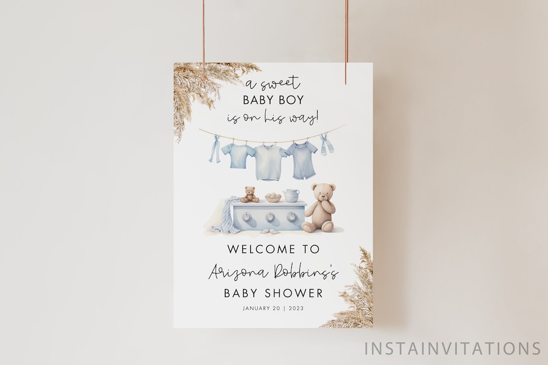 Editable Welcome Sign Boy Teddy Bear Baby Shower, Baby Clothesline ...