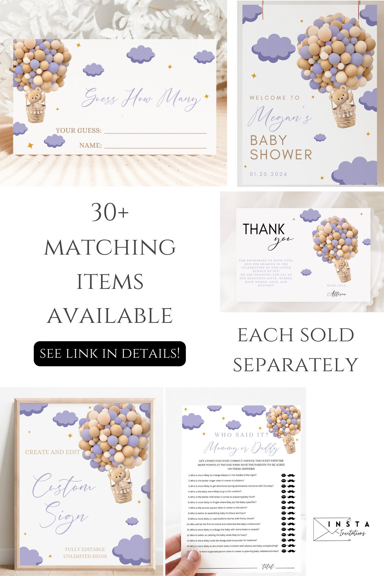 What's in Your Purse Baby Shower Game, Purple Baby Shower Gender ...