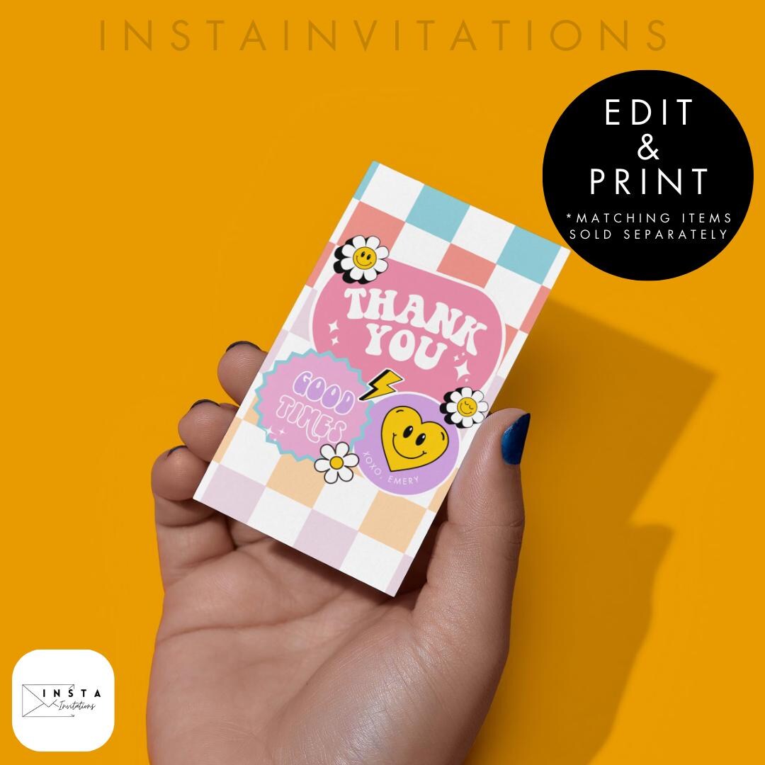 Editable Checkered Smiley Face Groovy Retro Birthday Favor Tag, Emoji ...