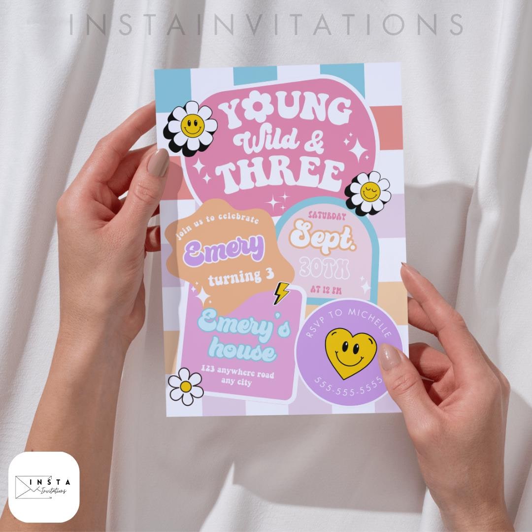Editable Checkered Smiley Face Groovy Retro Birthday Invite, Young Wild ...