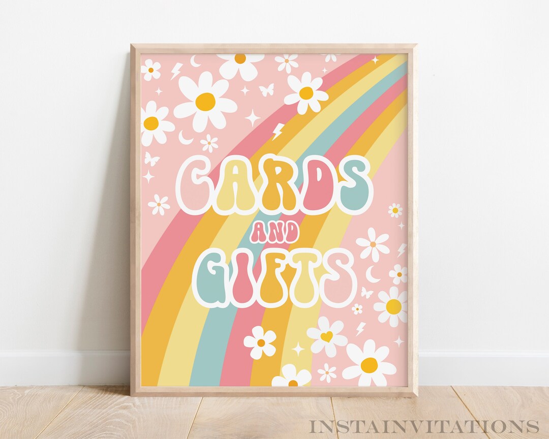 Cards and Gifts Rainbow Groovy Sign Birthday Invite Pink Daisy Van ...