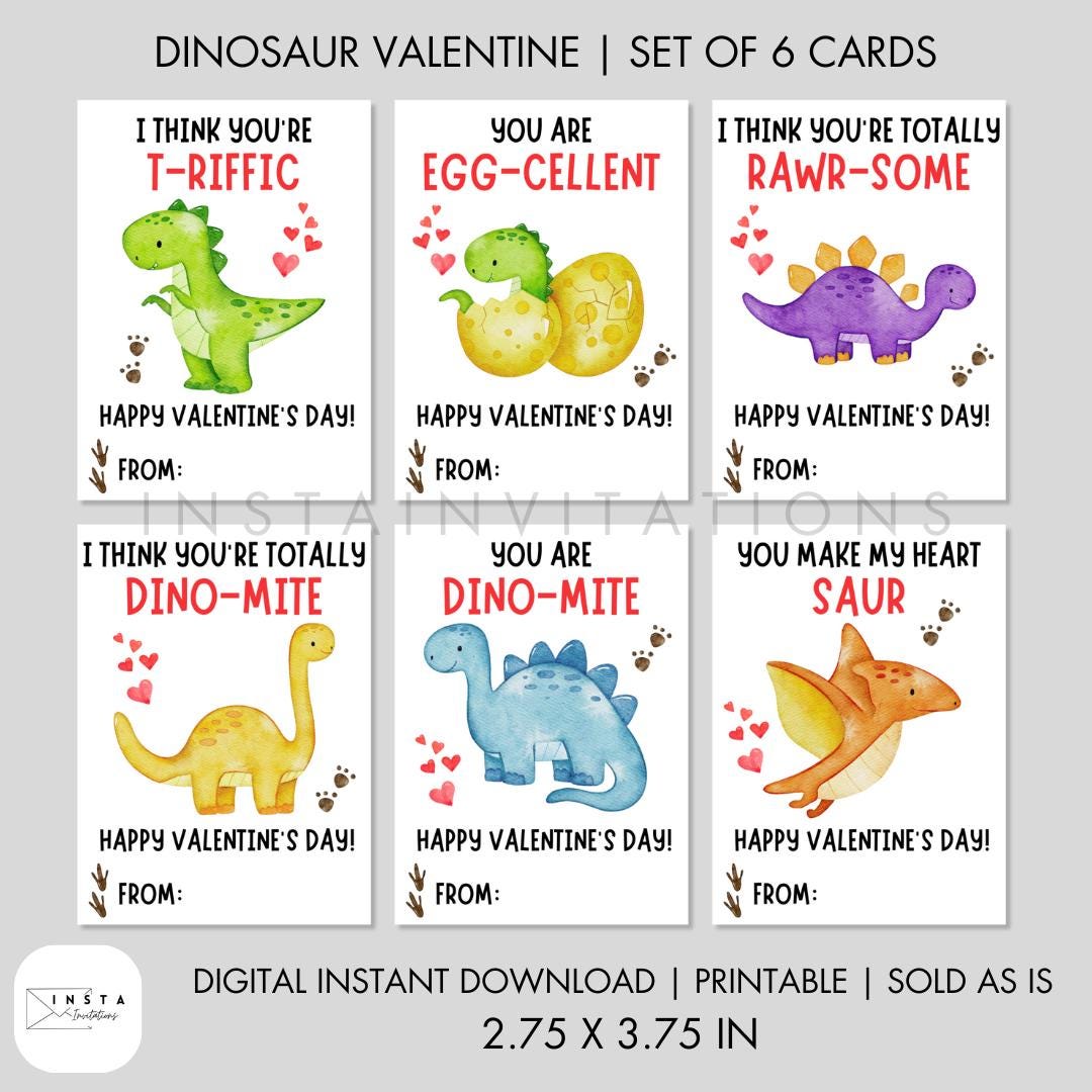 Printable Kids Dinosaur Valentines Card for School Classroom, Cute ...