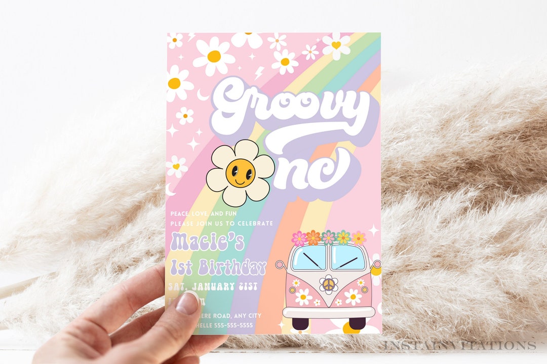 Editable Groovy One 1st Birthday Rainbow Invite Retro Hippie Party ...