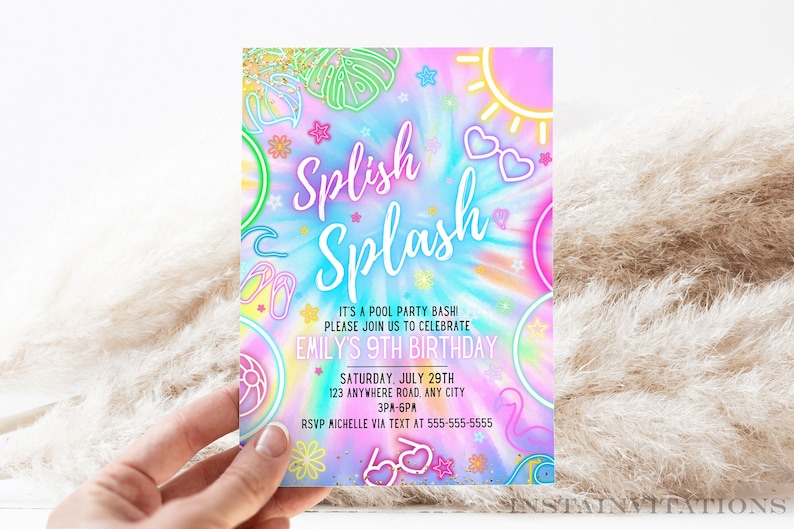 Editable Splish Splash Pool Party Birthday Invitation Glowing - Etsy