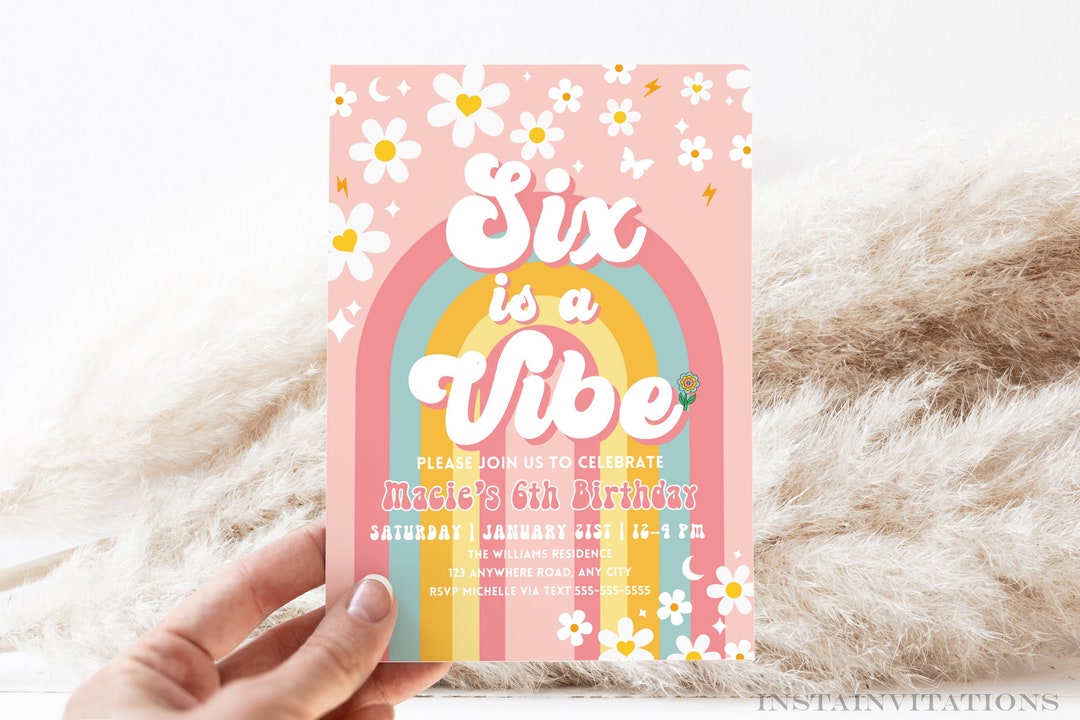Editable Six is A Vibe Rainbow Groovy Invite 6th Birthday Invite Pink ...