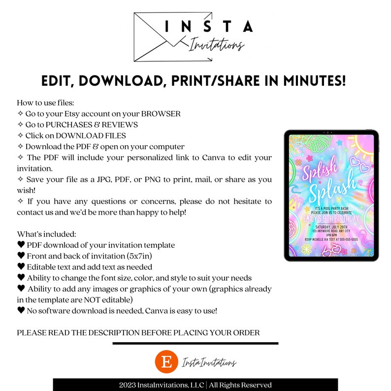 Editable Splish Splash Pool Party Birthday Invitation Glowing - Etsy