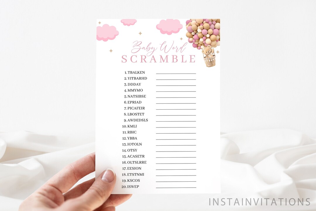 Baby Word Scramble Baby Shower Game, Teddy Bear Pink Baby Shower Girl ...