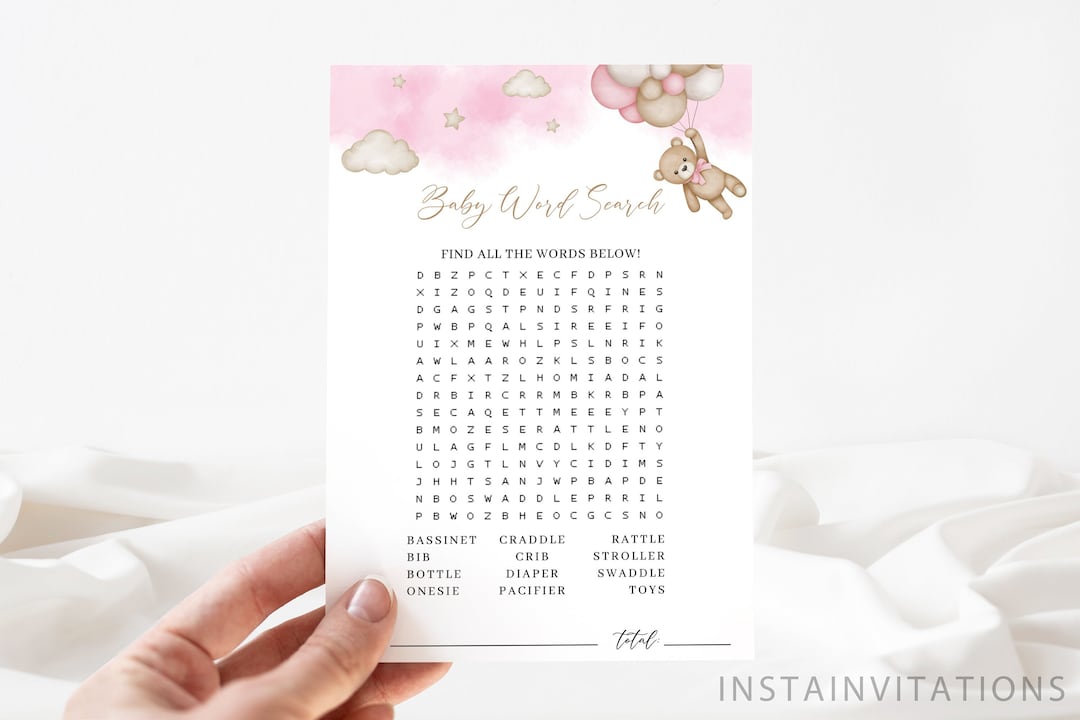 Baby Word Search Baby Shower Game Teddy Bear We Can Bearly Wait Baby ...