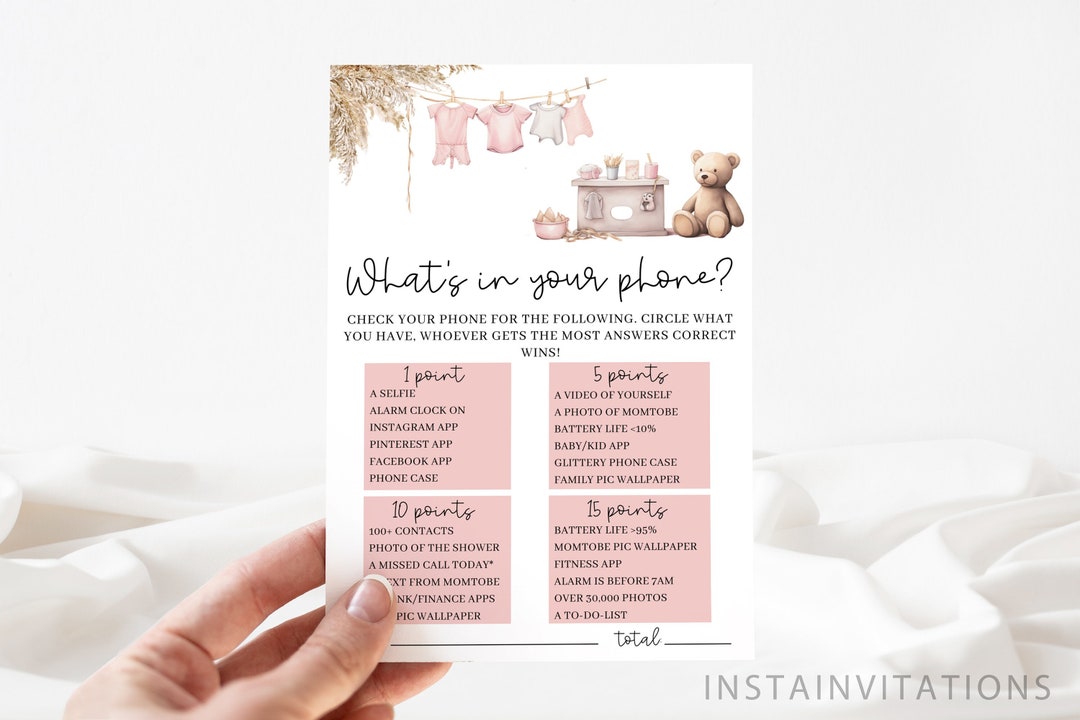 What's in Your Phone Baby Shower Game, Teddy Bear Girl Baby Shower Baby ...