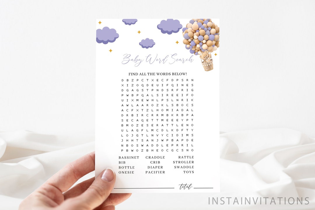 Baby Word Search Baby Shower Game, Purple Baby Shower Gender Neutral ...