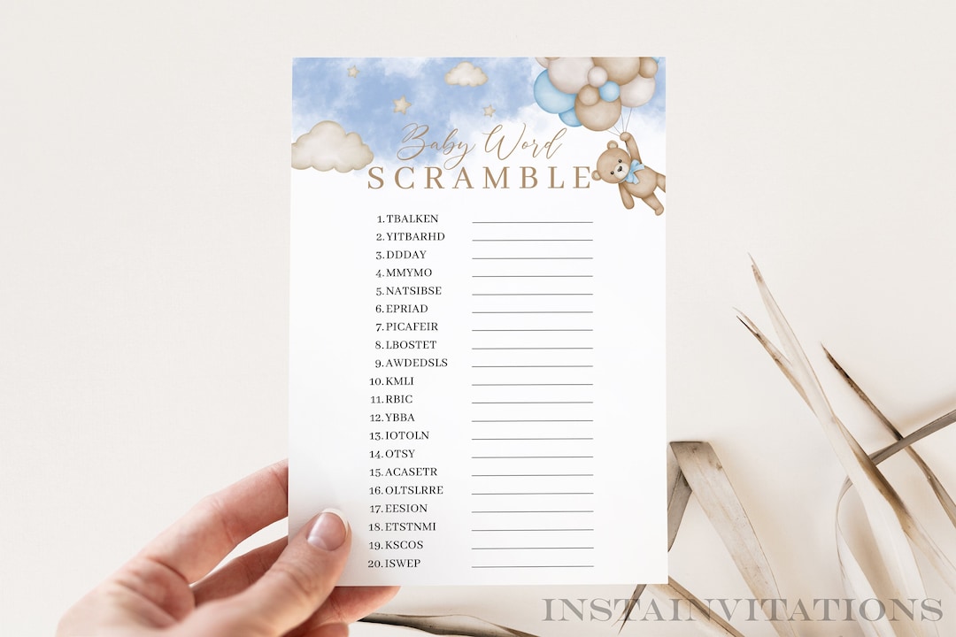 Word Scramble Baby Shower Game Teddy Bear We Can Bearly Wait Baby ...