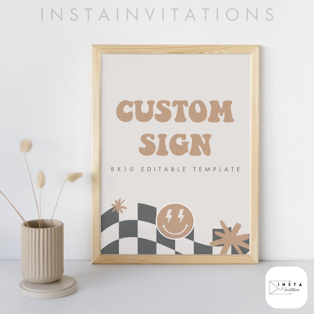 Editable Checkered Smiley Face Groovy Retro Birthday Custom Text Sign ...