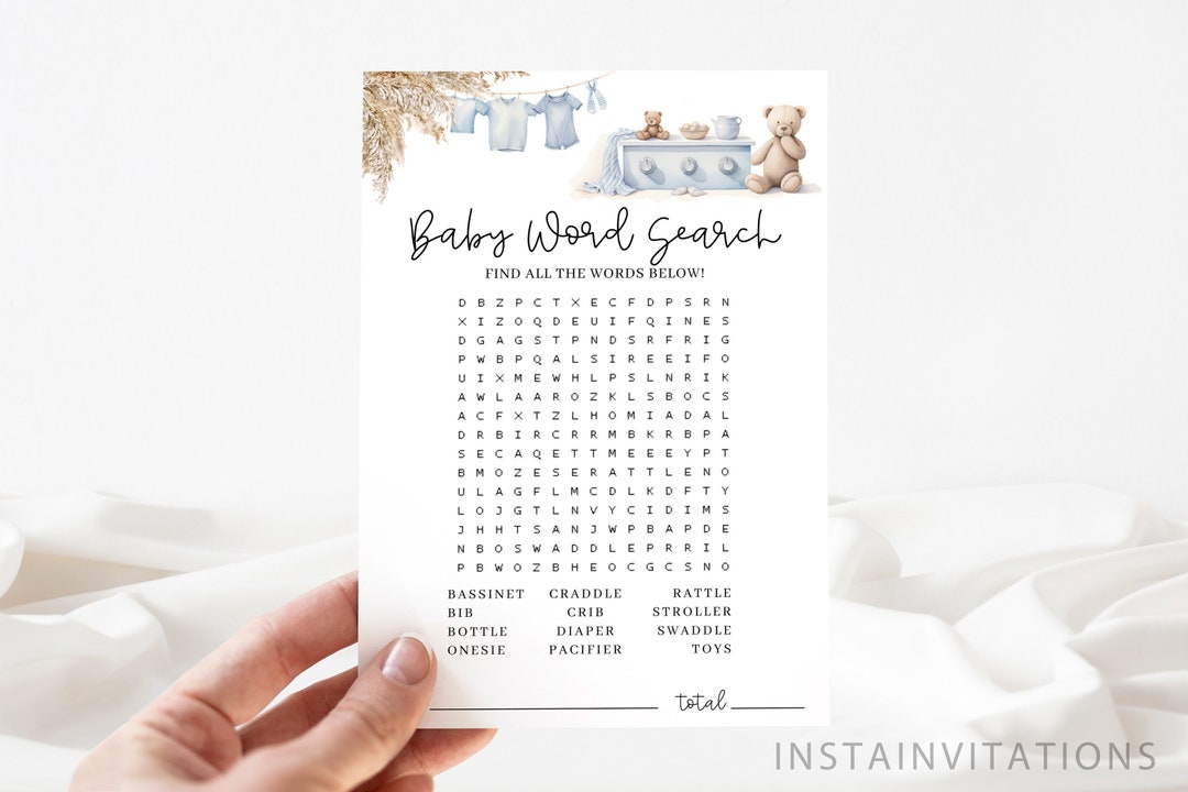 Baby Word Search Baby Shower Game, Teddy Bear Boy Baby Shower, Baby ...