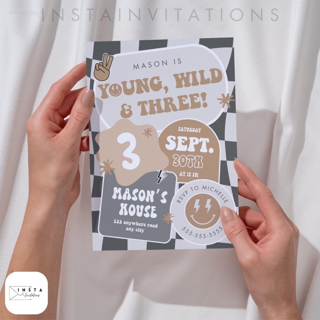 Editable Checkered Smiley Face Groovy Retro Birthday Invite, Young Wild ...