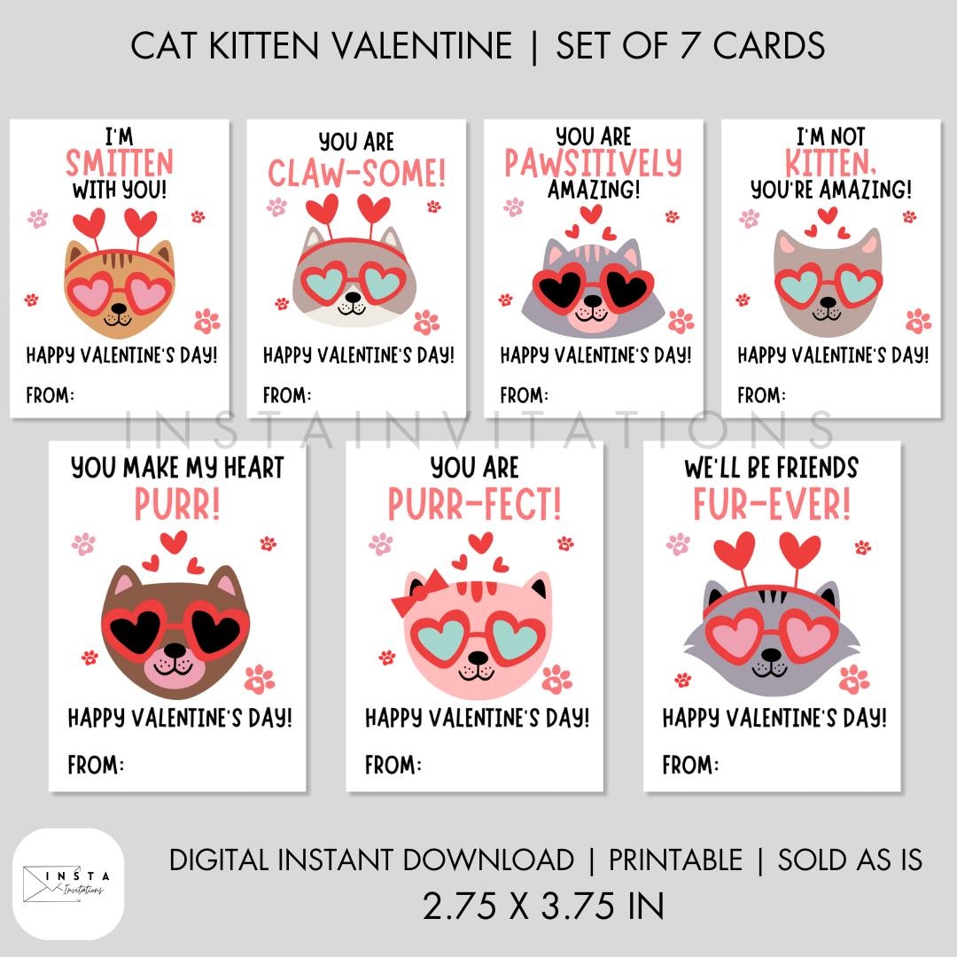 Printable Kids Cat Kitten Valentines Card for School Classroom, Cat Pun ...