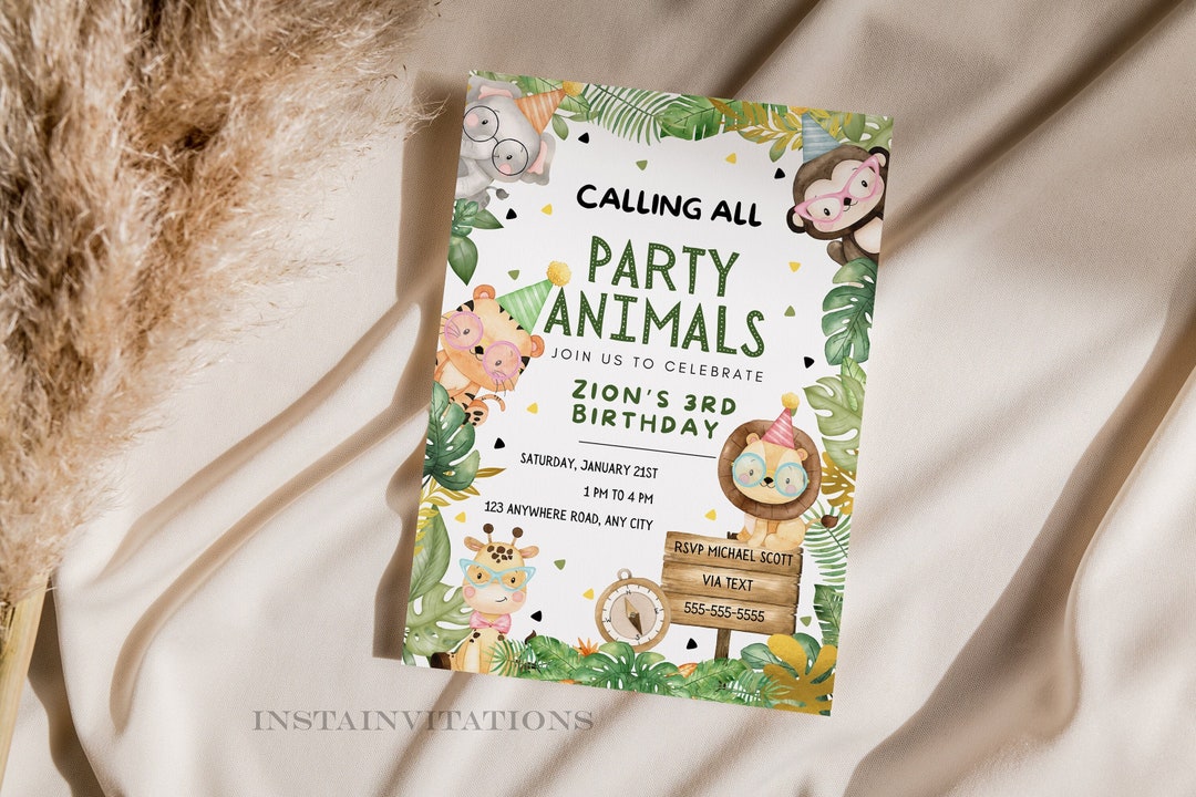 Editable Party Animals Birthday Invitation Safari Animal Birthday Party ...