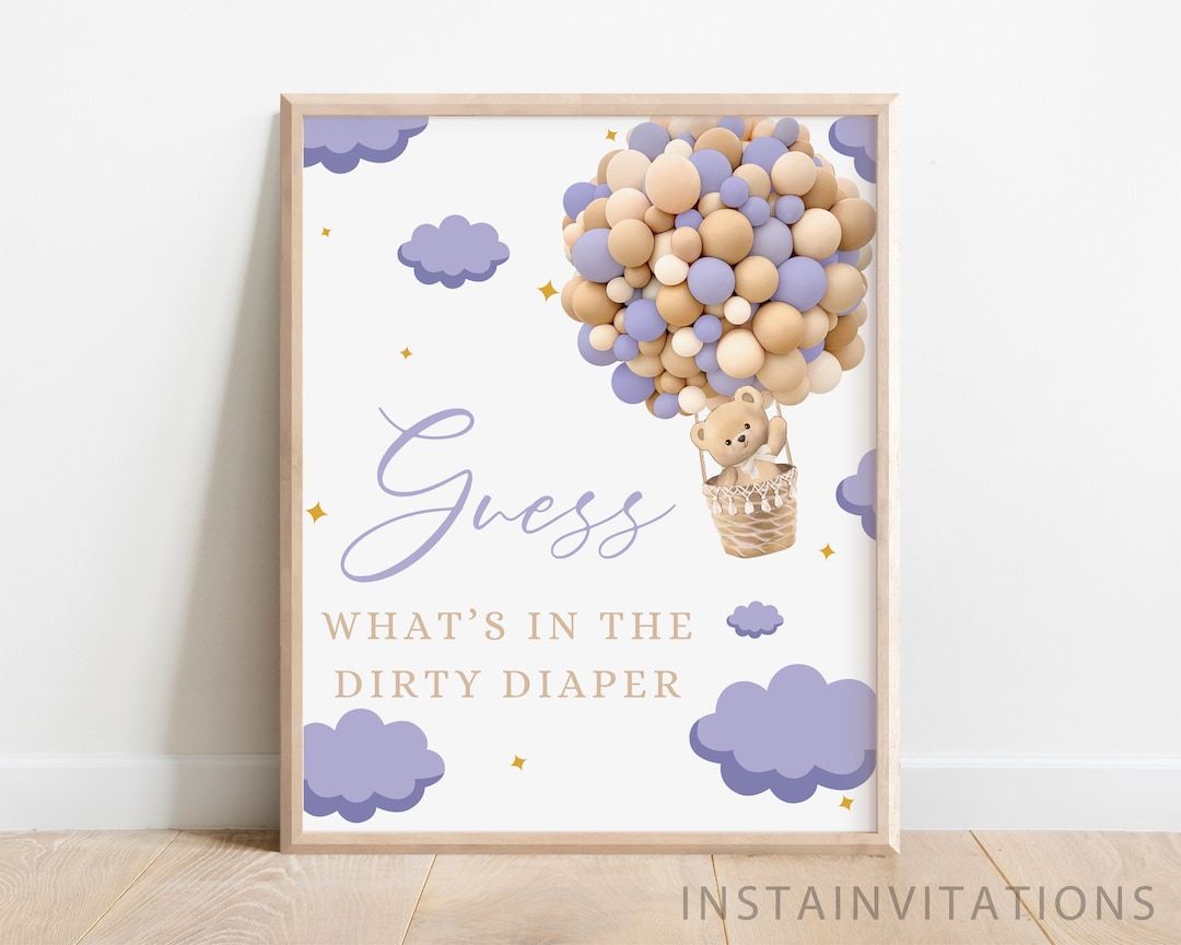 Guess What's in the Dirty Diaper Sign & Card Purple Baby Shower Gender ...