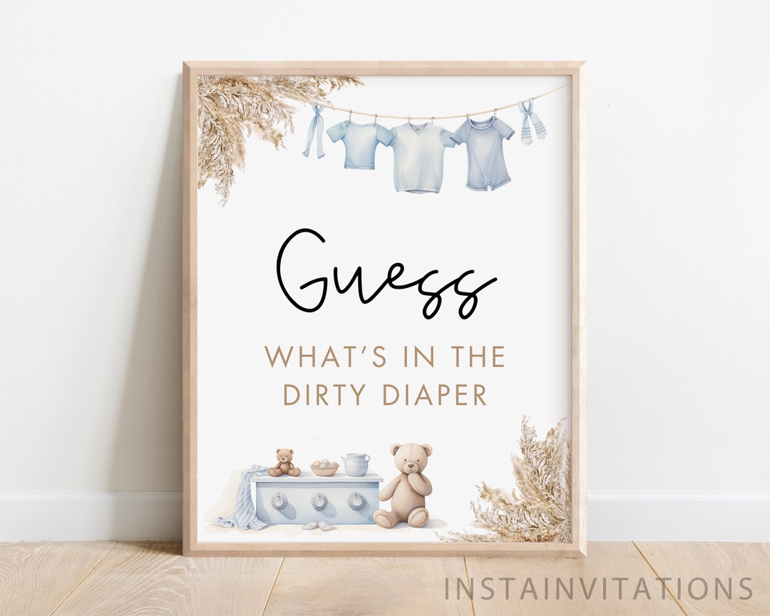 Guess What's in the Dirty Diaper Sign & Card, Teddy Bear Boy Baby ...