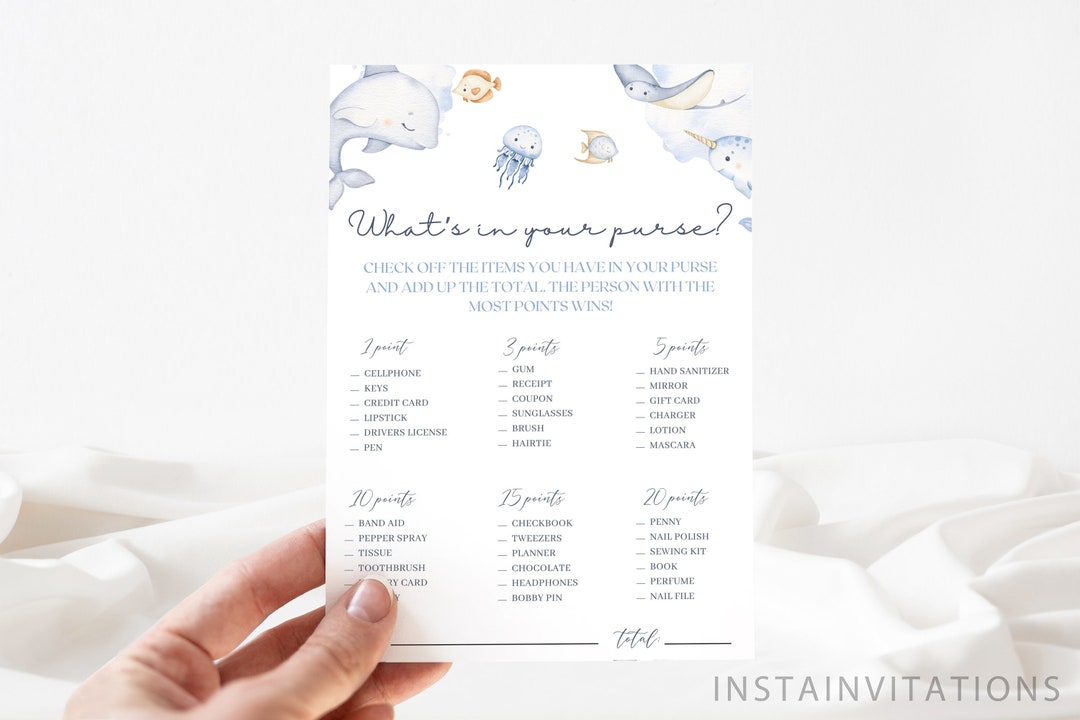 What's in Your Purse Baby Shower Game, Under the Sea Ocean Animals Baby ...