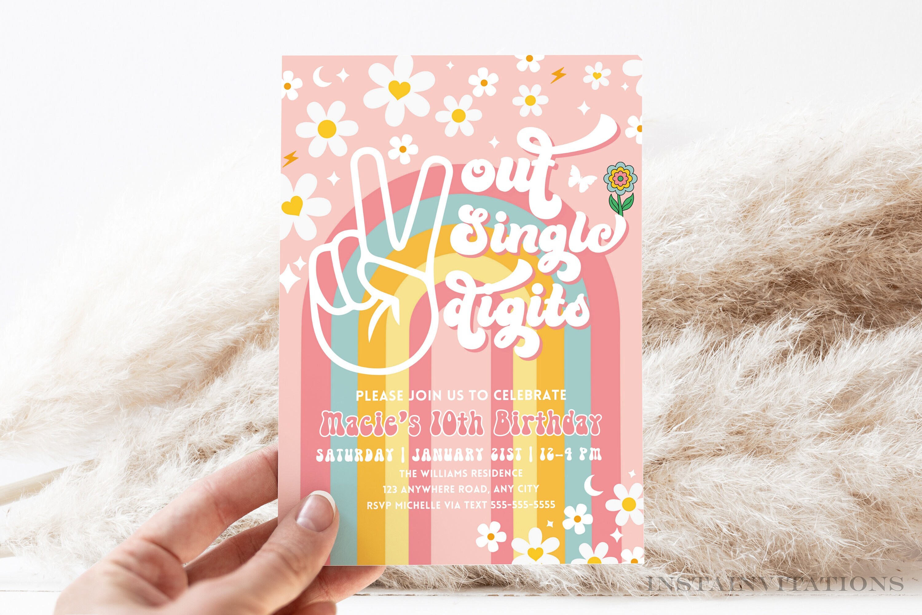 Editable Rainbow Peace Out Single Digits Pink Groovy Birthday Invite ...