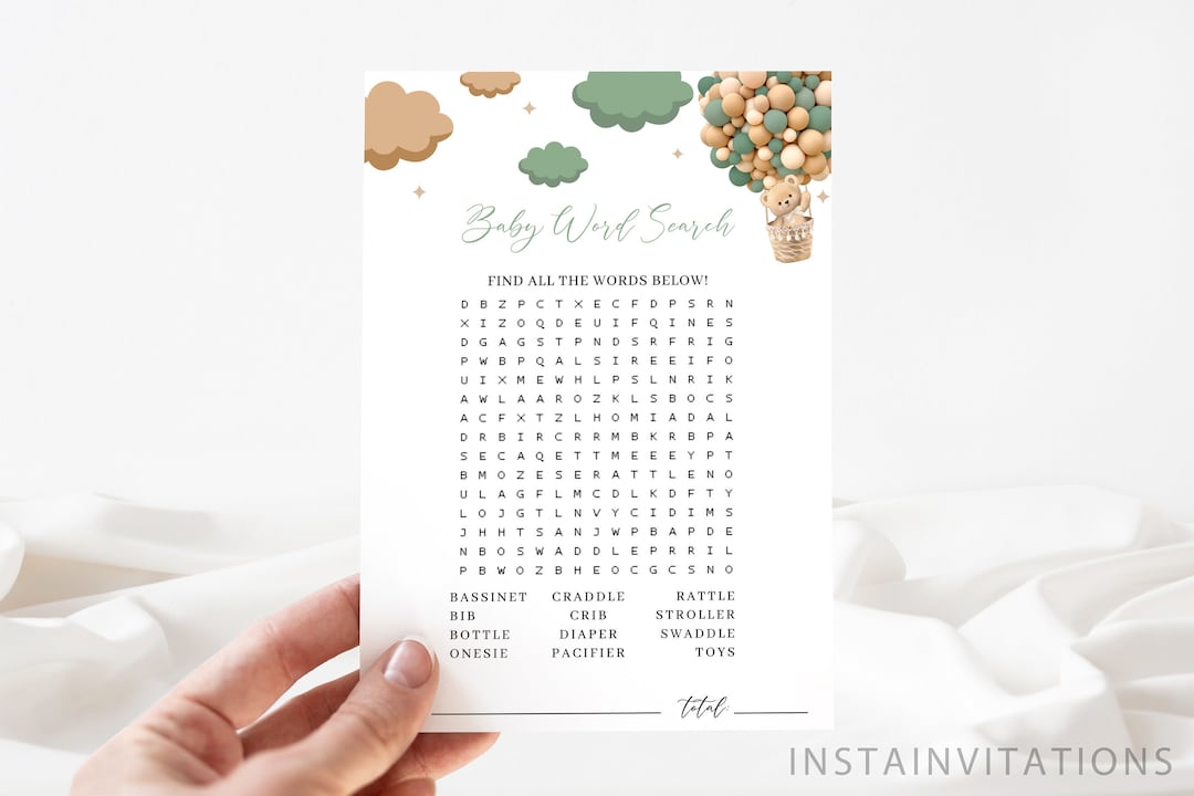 Baby Word Search Baby Shower Game, Teddy Bear Green Baby Shower, Gender ...