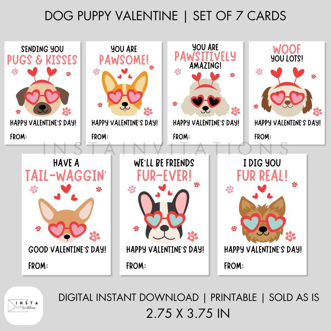 Printable Kids Dog Puppy Valentines Card for School Classroom, Dog Pun ...