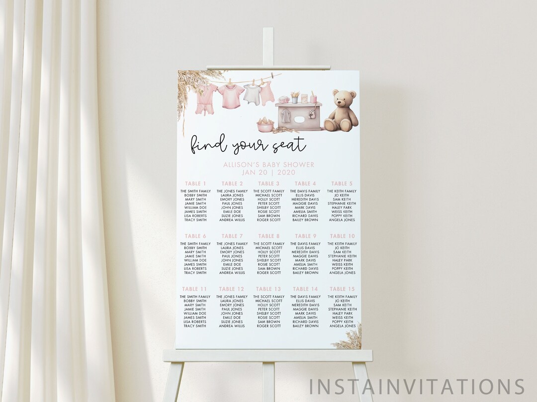 Editable Find Your Seat Sign, Seating Chart Girl Teddy Bear Baby Shower ...