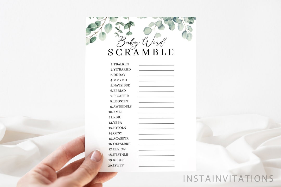 Baby Word Scramble Baby Shower Game, Oh Baby Eucalyptus Green Baby ...
