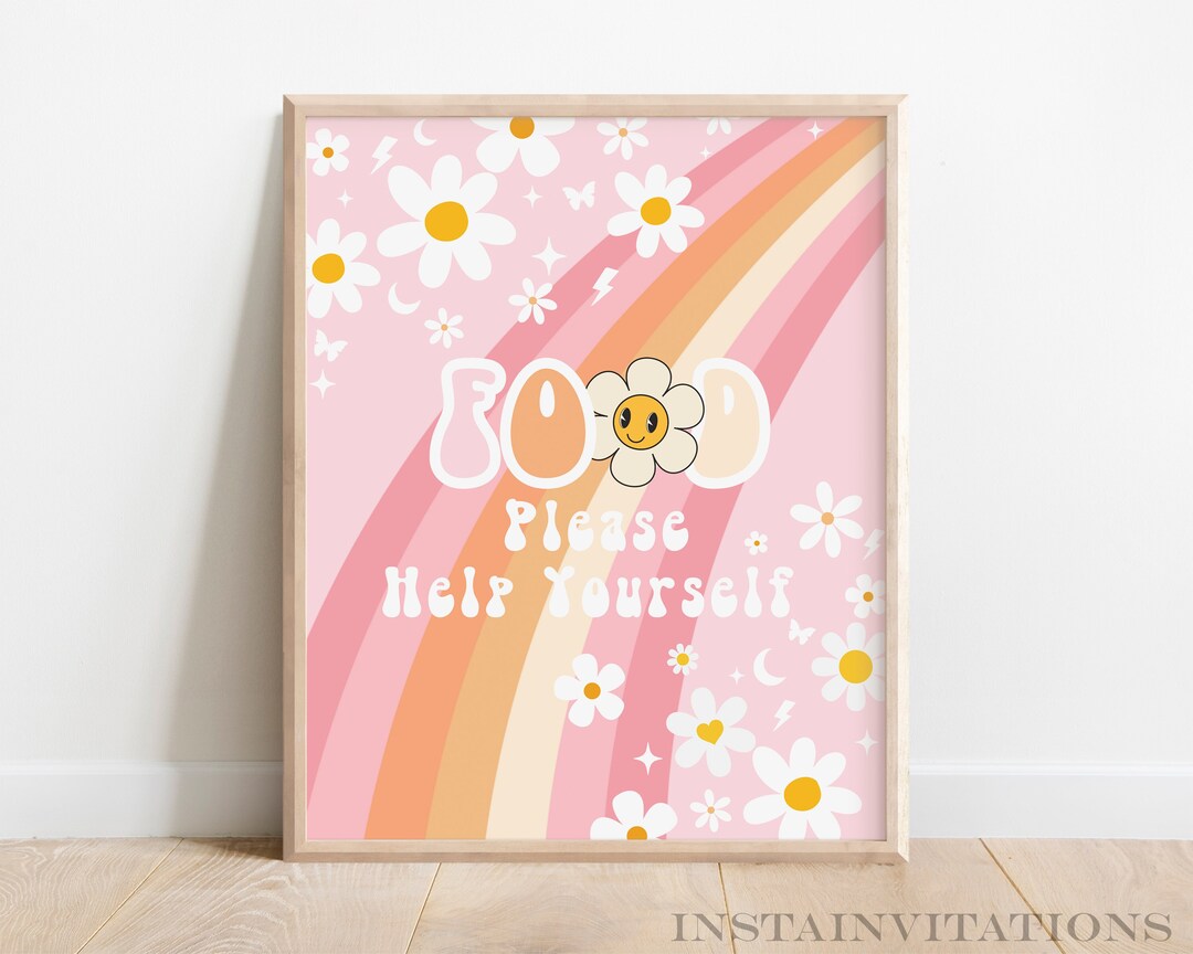 Food Please Help Yourself Rainbow Groovy Sign Birthday Invite Pink ...