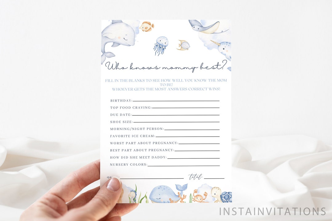Who Knows Mommy Best 1 Baby Shower Game, Under the Sea Ocean Animals ...