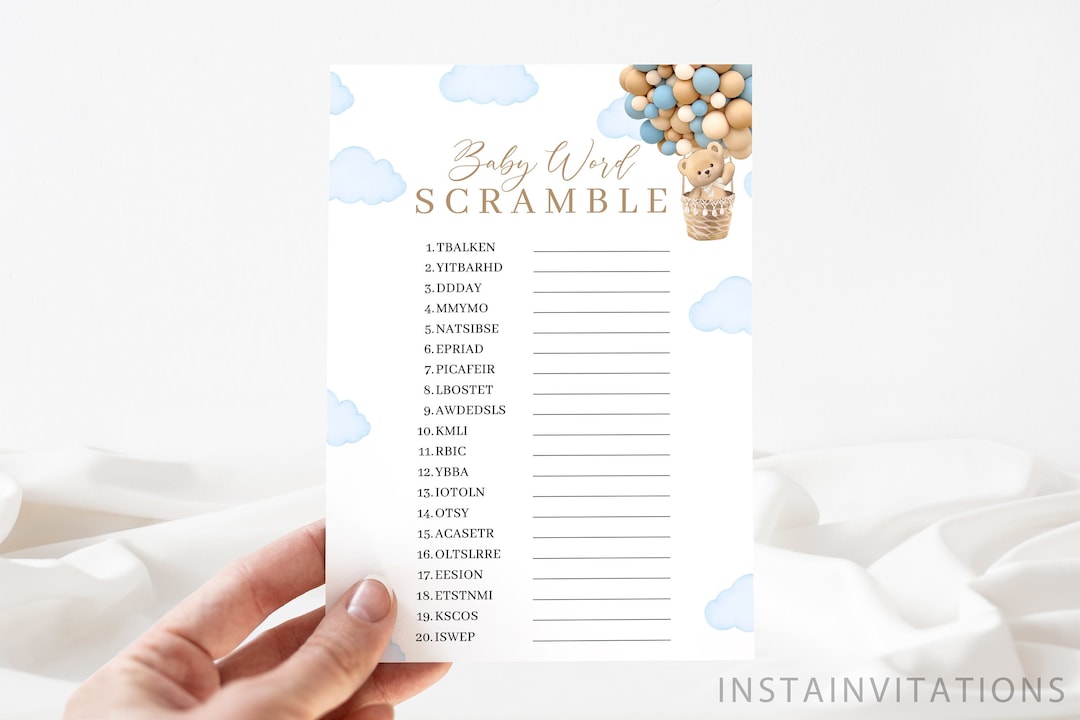 Baby Word Scramble Baby Shower Game Teddy Bear We Can Bearly Wait Baby ...