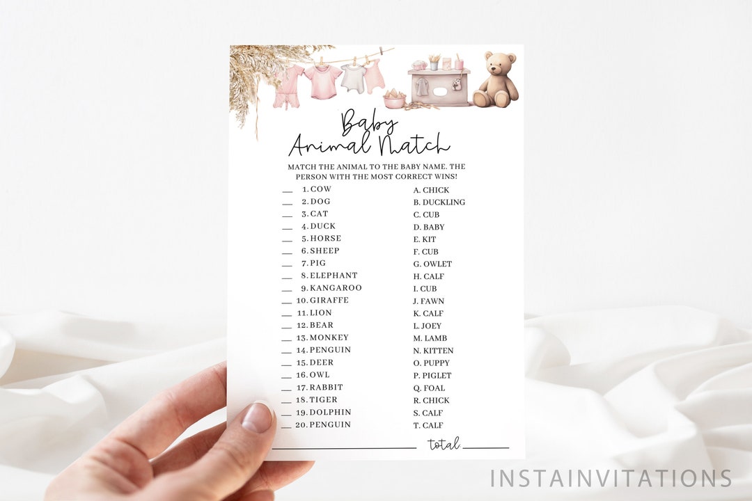 Baby Animal Match Baby Shower Game, Teddy Bear Girl Baby Shower, Baby ...