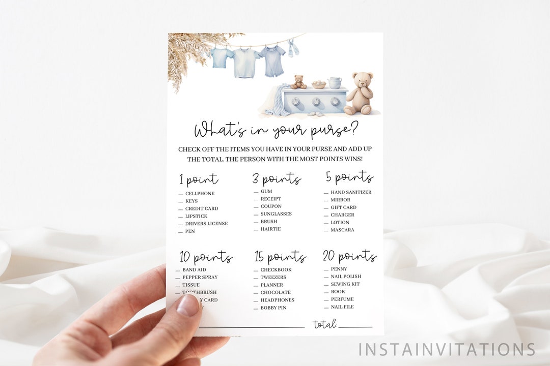 What's in Your Purse Baby Shower Game, Teddy Bear Boy Baby Shower Baby ...
