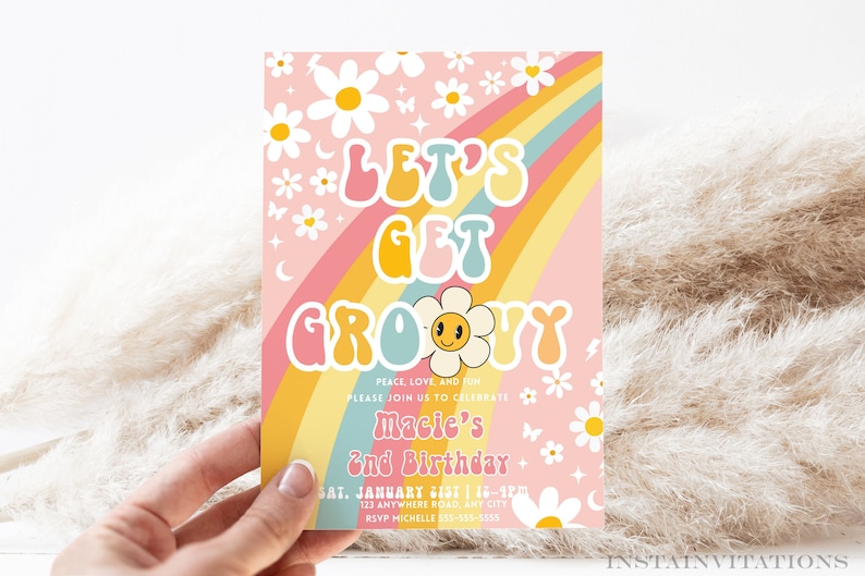 Editable Let's Get Groovy Invite Daisy Rainbow Groovy - Etsy