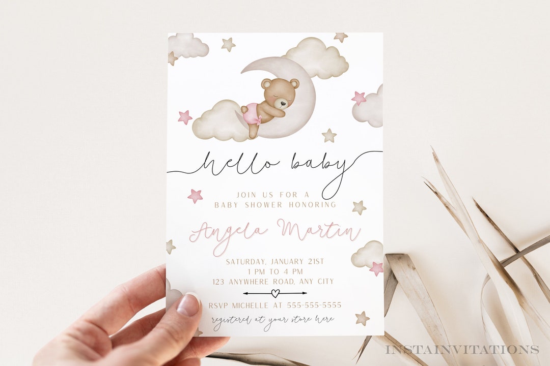 Hello Baby Pink Girl Baby Shower Invitation Teddy Bear Invitation Pink ...