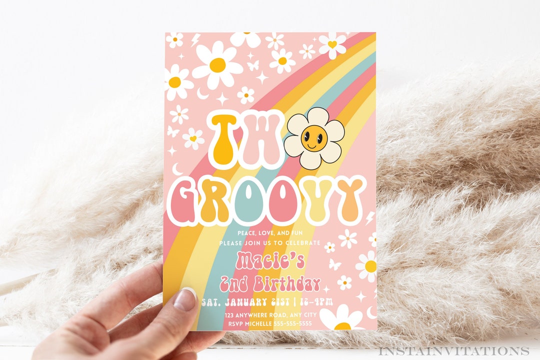 Editable Two Groovy Rainbow Groovy Invite 2nd Birthday Invite Pink ...