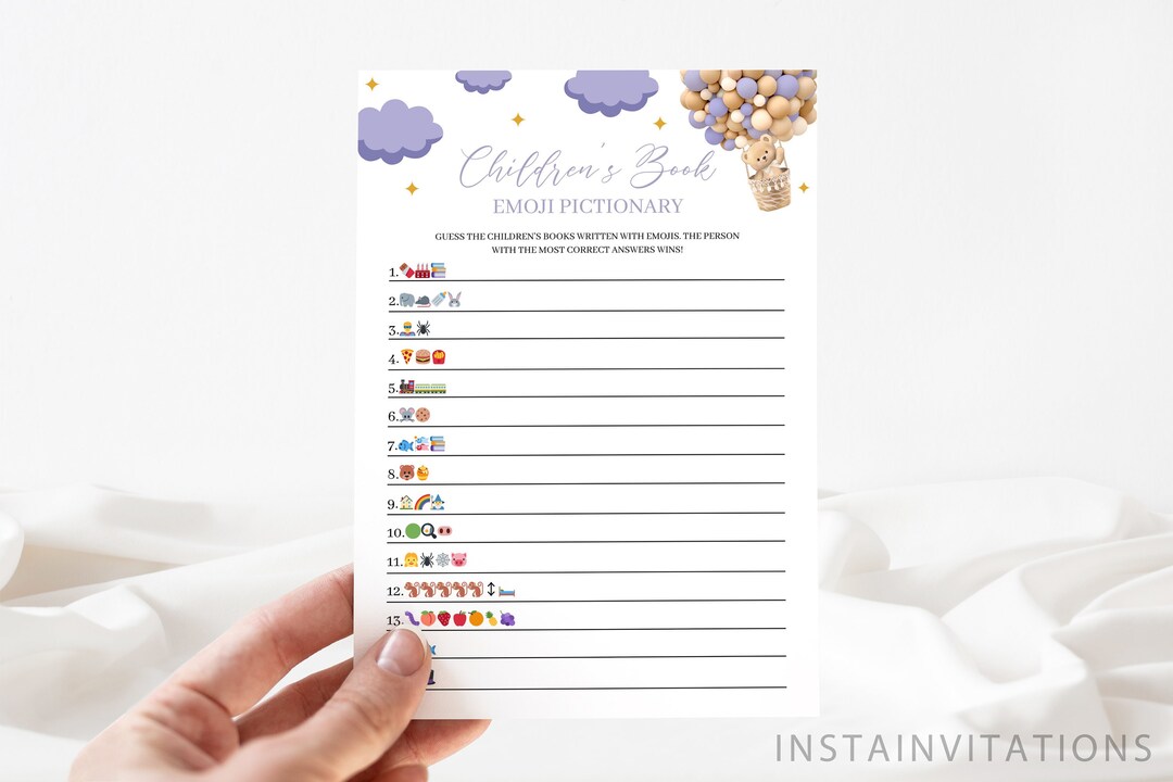 Children's Book Emoji Pictionary Baby Shower Game, Purple Baby Shower ...