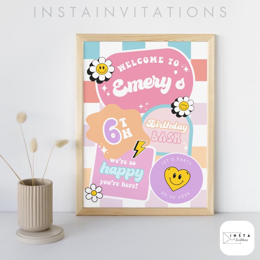 Editable Checkered Smiley Face Groovy Retro Birthday Welcome Sign ...