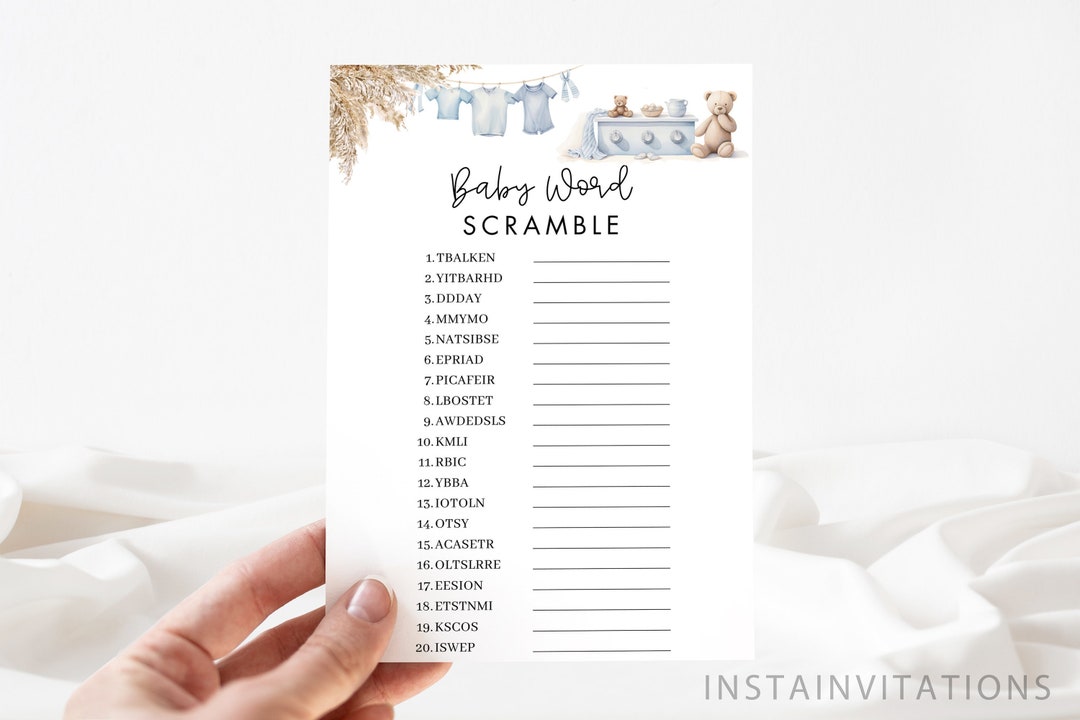 Baby Word Scramble Baby Shower Game, Teddy Bear Boy Baby Shower, Baby ...