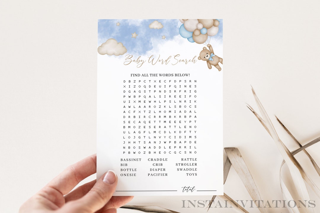 Word Search Baby Shower Game Teddy Bear We Can Bearly Wait Baby Shower ...