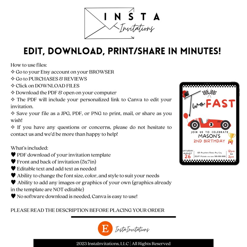 Editable Two Fast Birthday Invitation Two Fast Race Car 2nd - Etsy