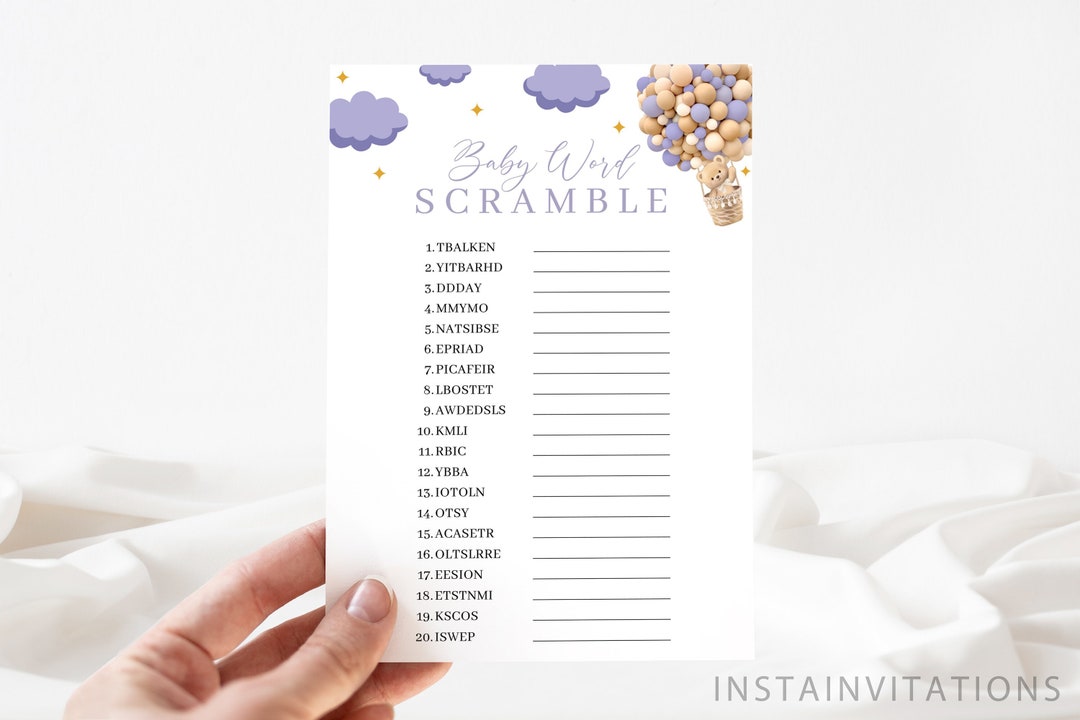 Baby Word Scramble Baby Shower Game, Purple Baby Shower Gender Neutral ...