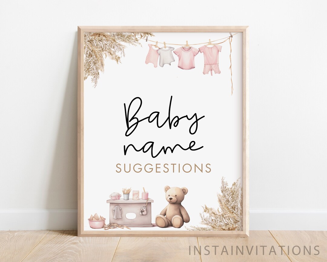Baby Name Suggestions Sign & Card, Teddy Bear Girl Baby Shower, Baby ...