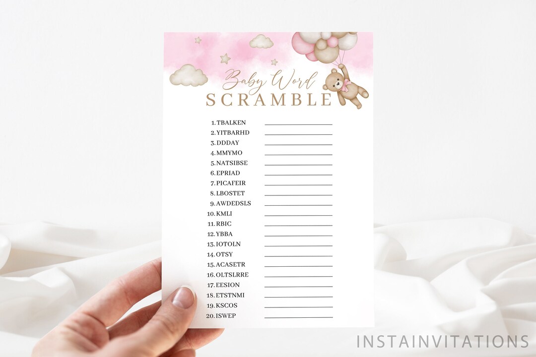 Baby Word Scramble Baby Shower Game Teddy Bear We Can Bearly Wait Baby ...